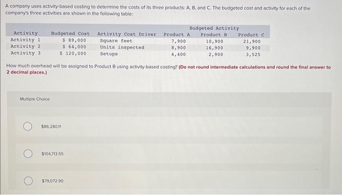 Solved A Company Uses Activity Based Costing To Determine