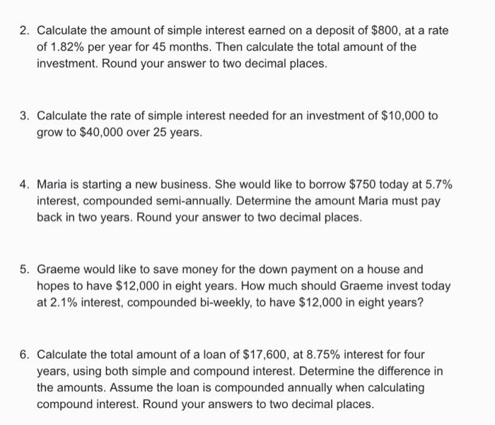 Solved 2. Calculate the amount of simple interest earned on | Chegg.com