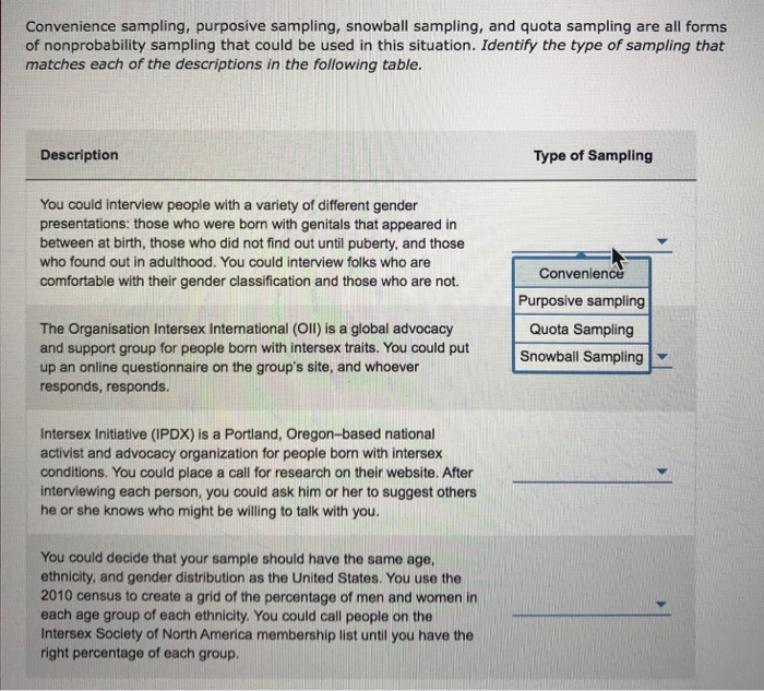 Convenience sampling, purposive sampling, snowball | Chegg.com