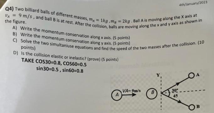 Solved Q4) Two billiard balls of different masses, mA=1 | Chegg.com