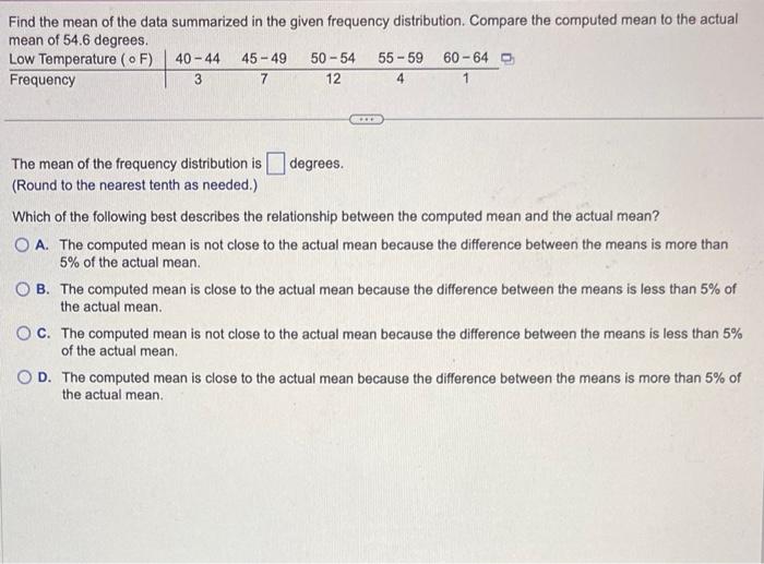 Solved Find the mean of the data summarized in the given | Chegg.com