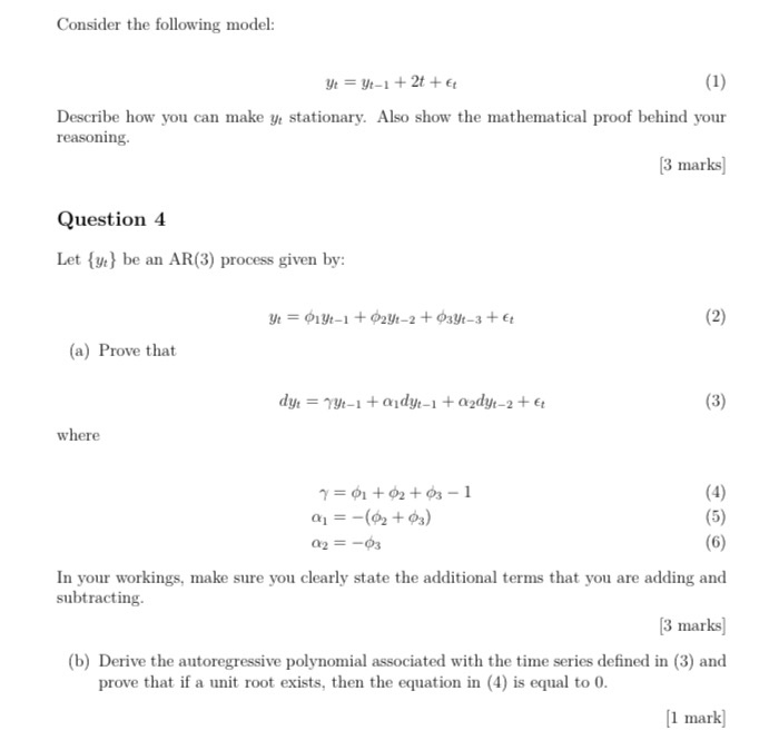 Solved dy: = 14-1 +0ydyt-1 + aydy-2+ & (3) where 7 = 01 + 02 | Chegg.com