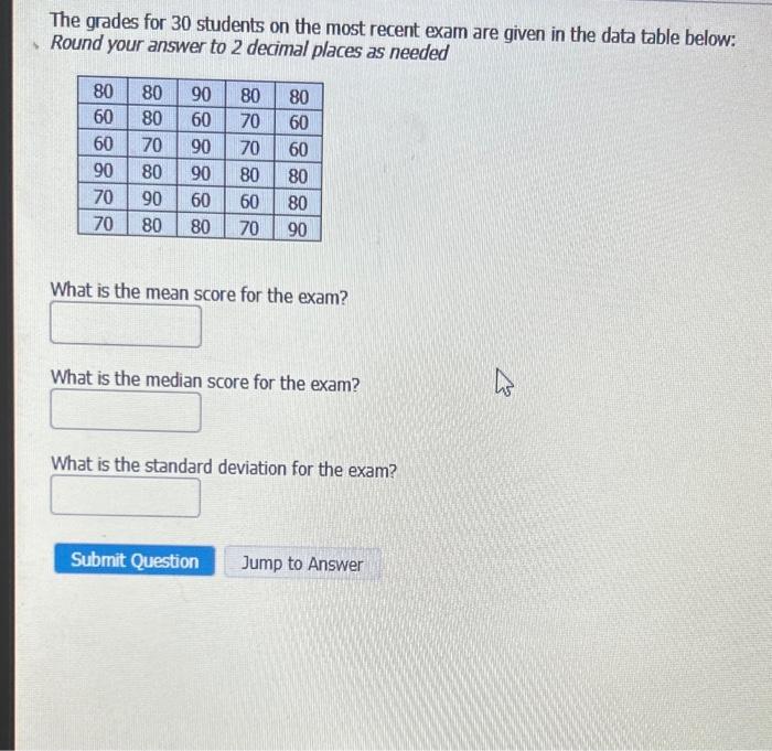 Solved The grades for 30 students on the most recent exam | Chegg.com
