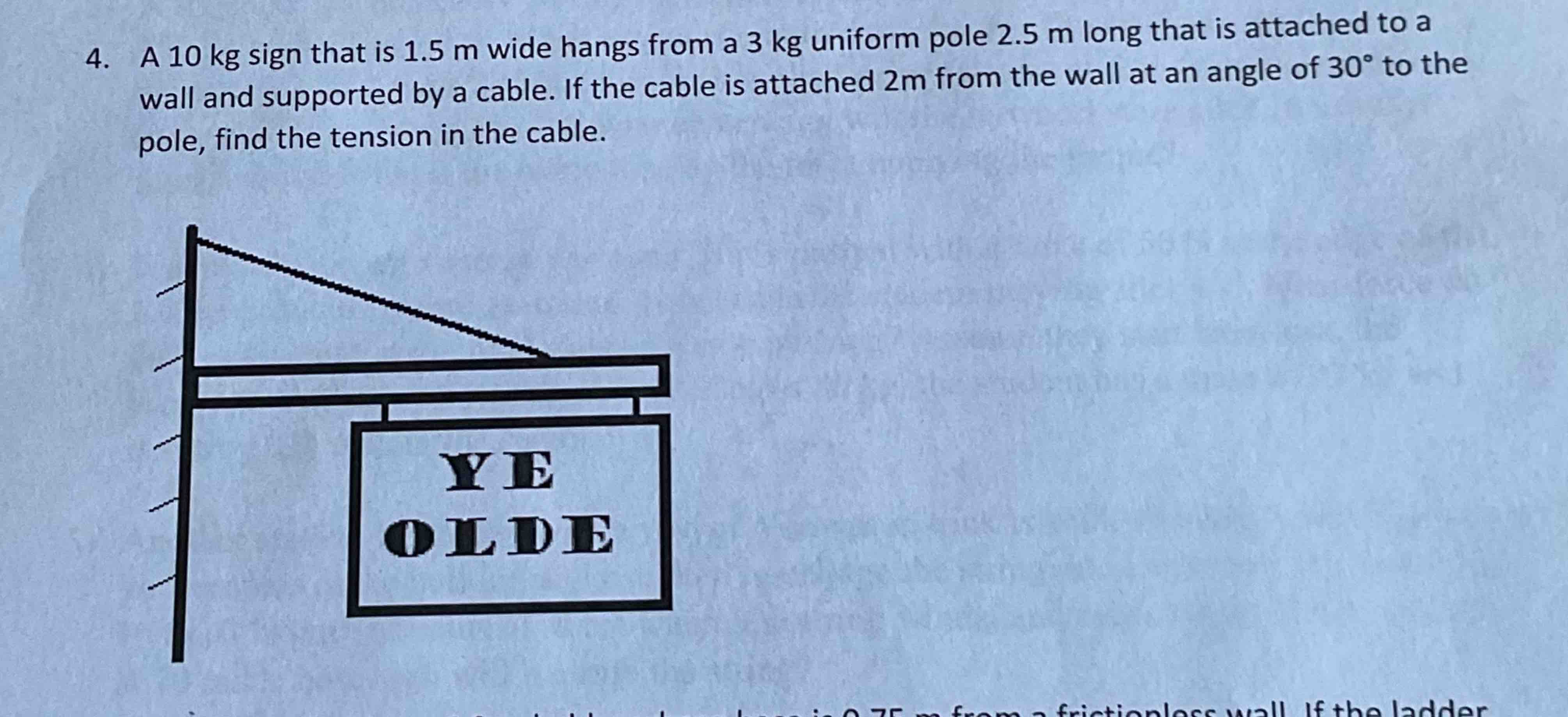 Solved A 10kg ﻿sign that is 1.5m ﻿wide hangs from a 3kg | Chegg.com