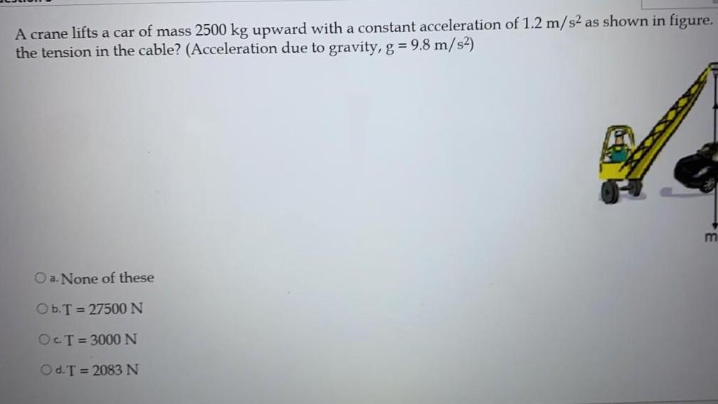 Solved A crane lifts a car of mass 2500 kg upward with a | Chegg.com