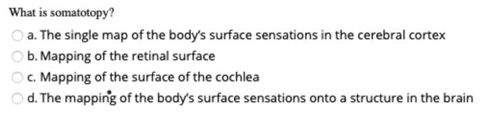 Solved What is somatotopy? a. The single map of the body's | Chegg.com