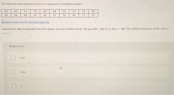 Solved The following data represent scores on a pop quiz in | Chegg.com