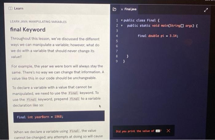 Solved m Learn x Final.java LEARN JAVA: MANIPULATING | Chegg.com