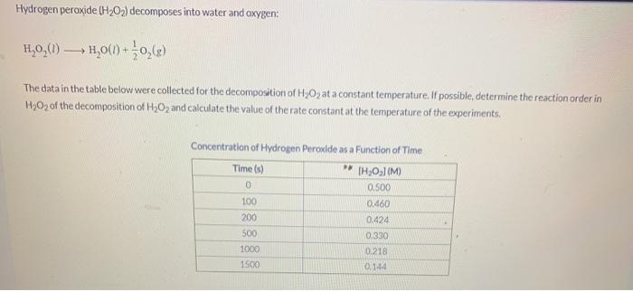 Solved Hydrogen peroxide (H2O2) decomposes into water and | Chegg.com