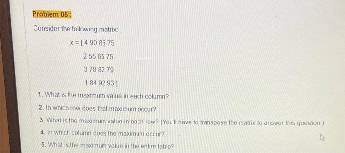 Solved Problem 05: Consider the following matrix: | Chegg.com