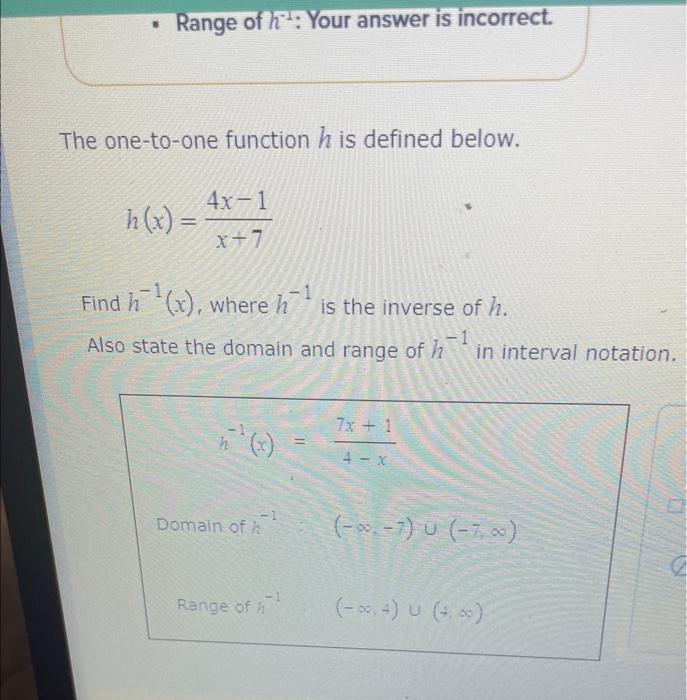 Solved The one-to-one function h is defined below. | Chegg.com