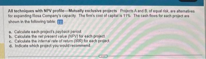 Solved All techniques with NPV profile-Mutually exclusive | Chegg.com