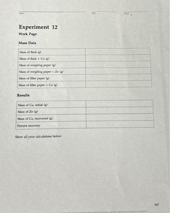 Experiment 12 Work Page Mass Data Results Show all | Chegg.com