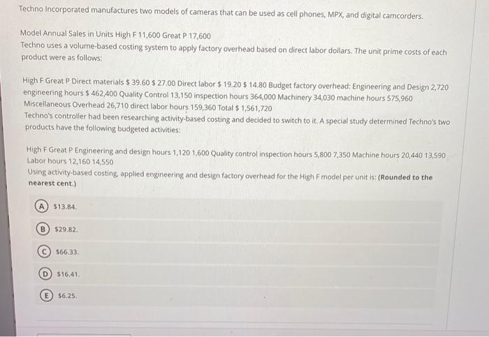 Solved Techno Incorporated manufactures two models of | Chegg.com