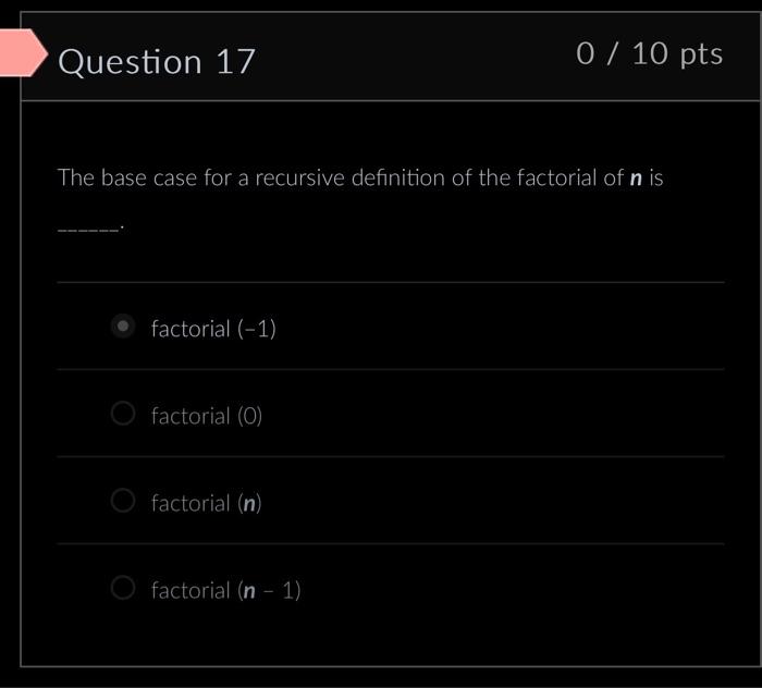 Solved Question 17 0/10 pts The base case for a recursive | Chegg.com