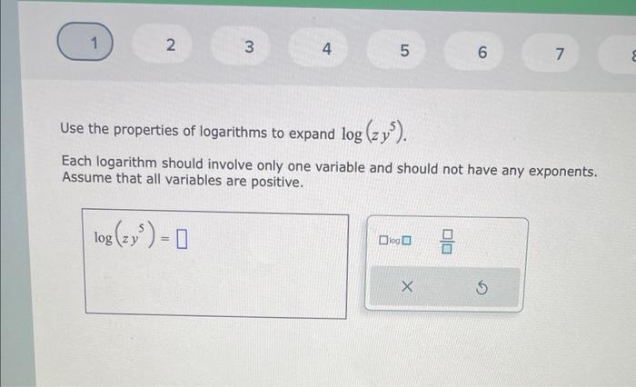 Solved Use the properties of logarithms to expand log(zy5). | Chegg.com