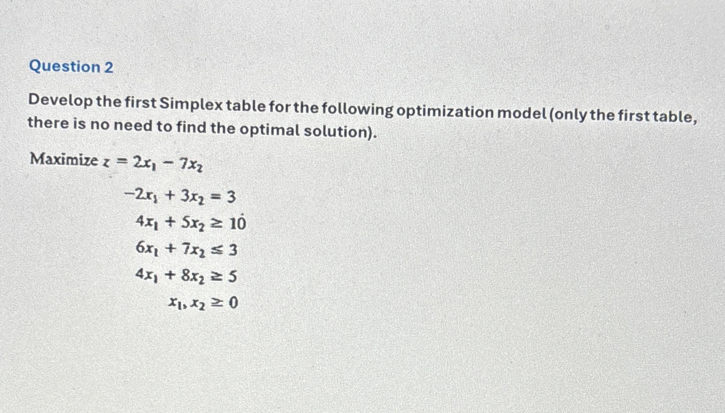 Solved Question 2Develop the first Simplex table for the | Chegg.com