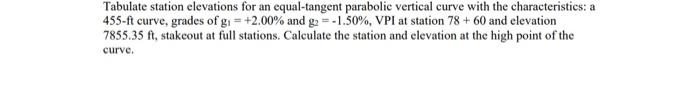 Solved Tabulate station elevations for an equal-tangent | Chegg.com