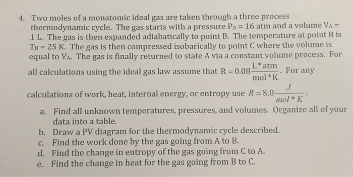 Solved 4. Two moles of a monatomic ideal gas are taken | Chegg.com