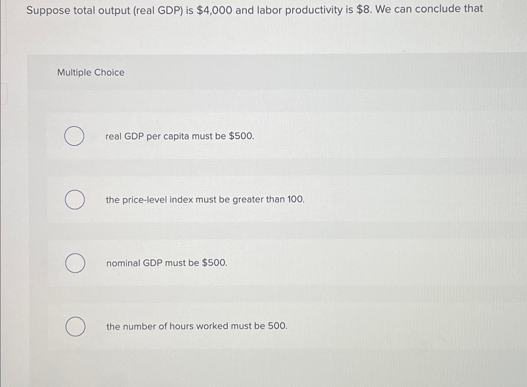Solved Suppose total output (real GDP) ﻿is $4,000 ﻿and labor | Chegg.com