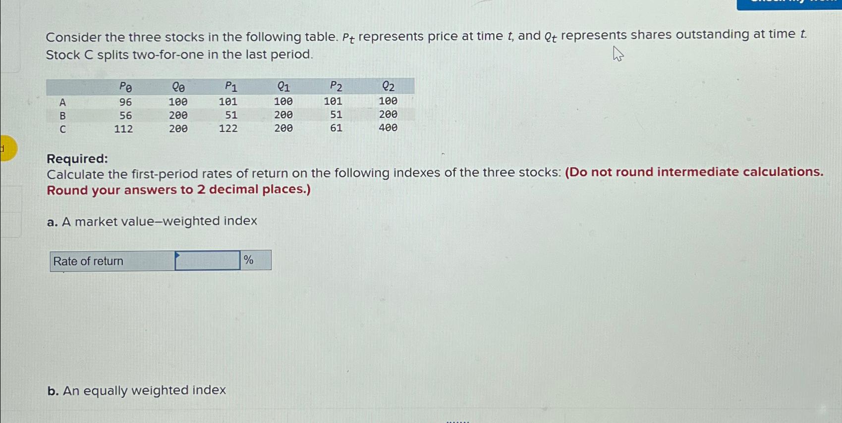 Solved Consider the three stocks in the following table. Pt | Chegg.com