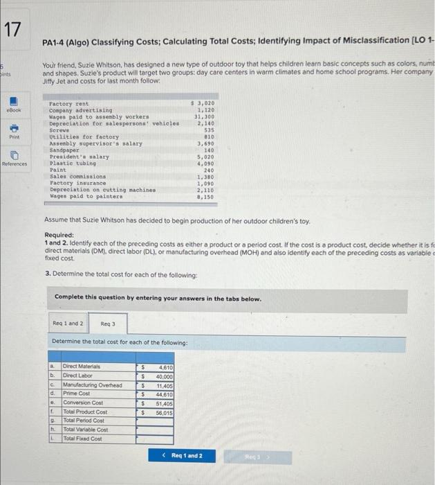 Solved 17 PA1-4 (Algo) Classifying Costs: Calculating Total | Chegg.com