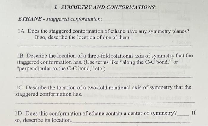 Solved I. SYMMETRY AND CONFORMATIONS: ETHANE - staggered | Chegg.com