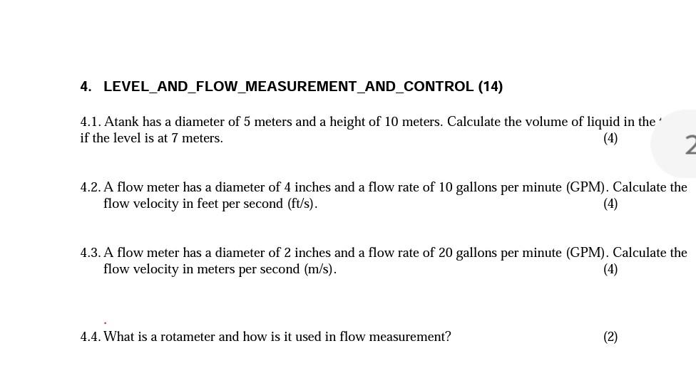 4. LEVEL_AND_FLOW_MEASUREMENT_AND_CONTROL (14) 4.1. | Chegg.com