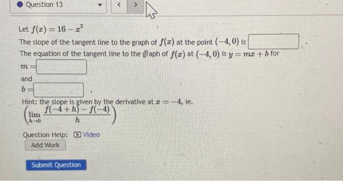 Solved Let f(x)=16−x2 The slope of the tangent line to the | Chegg.com
