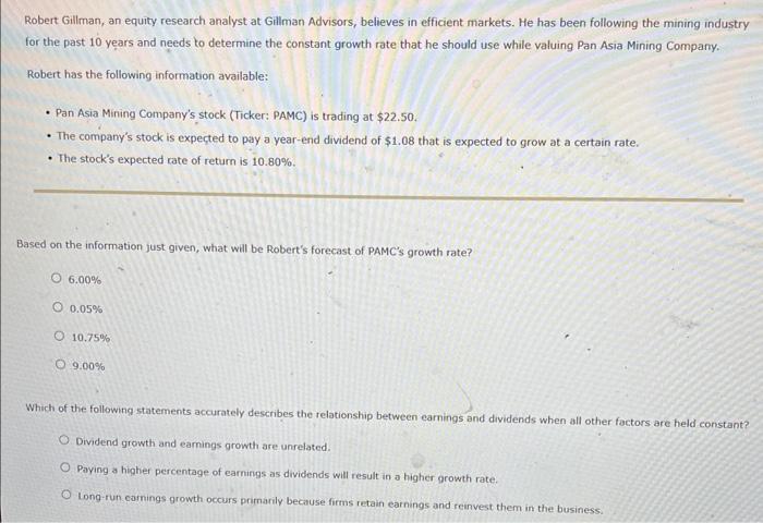 Solved Robert Gillman, an equity research analyst at Gillman | Chegg.com