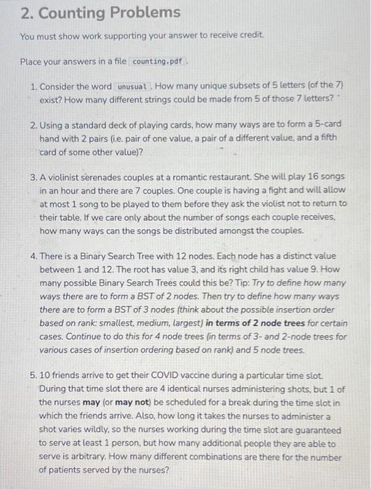 Solved 2. Counting Problems You must show work supporting | Chegg.com