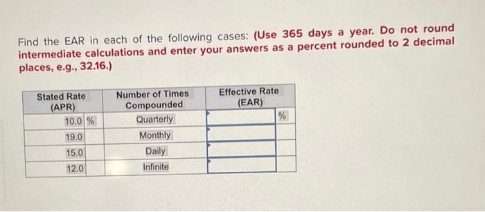 Solved Find the EAR in each of the following cases: (Use 365 | Chegg.com