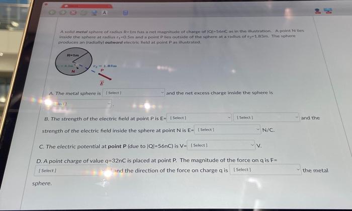 Solved A solid metal sphere of radius R=1m has a net | Chegg.com