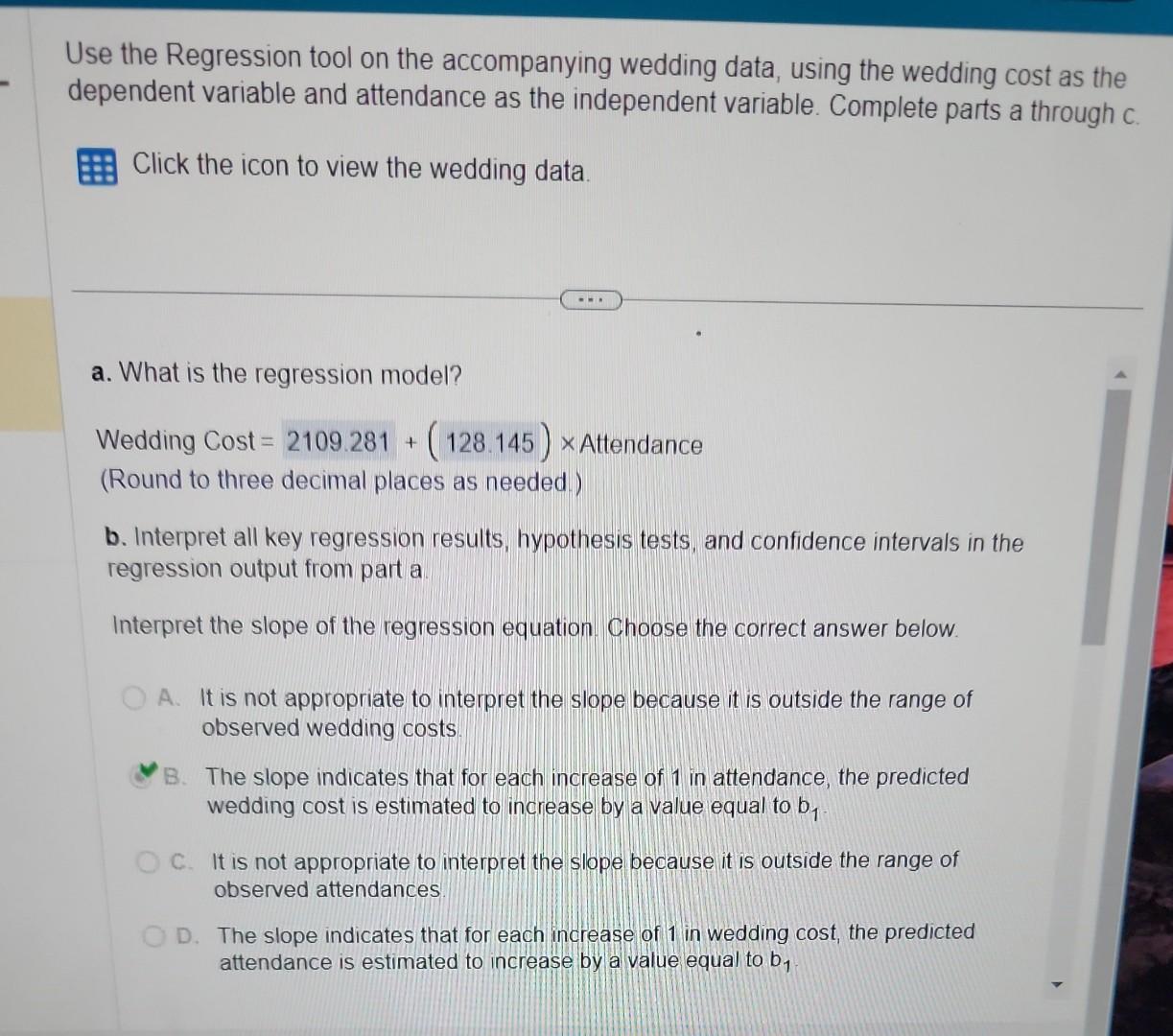 Solved Use the Regression tool on the accompanying wedding | Chegg.com