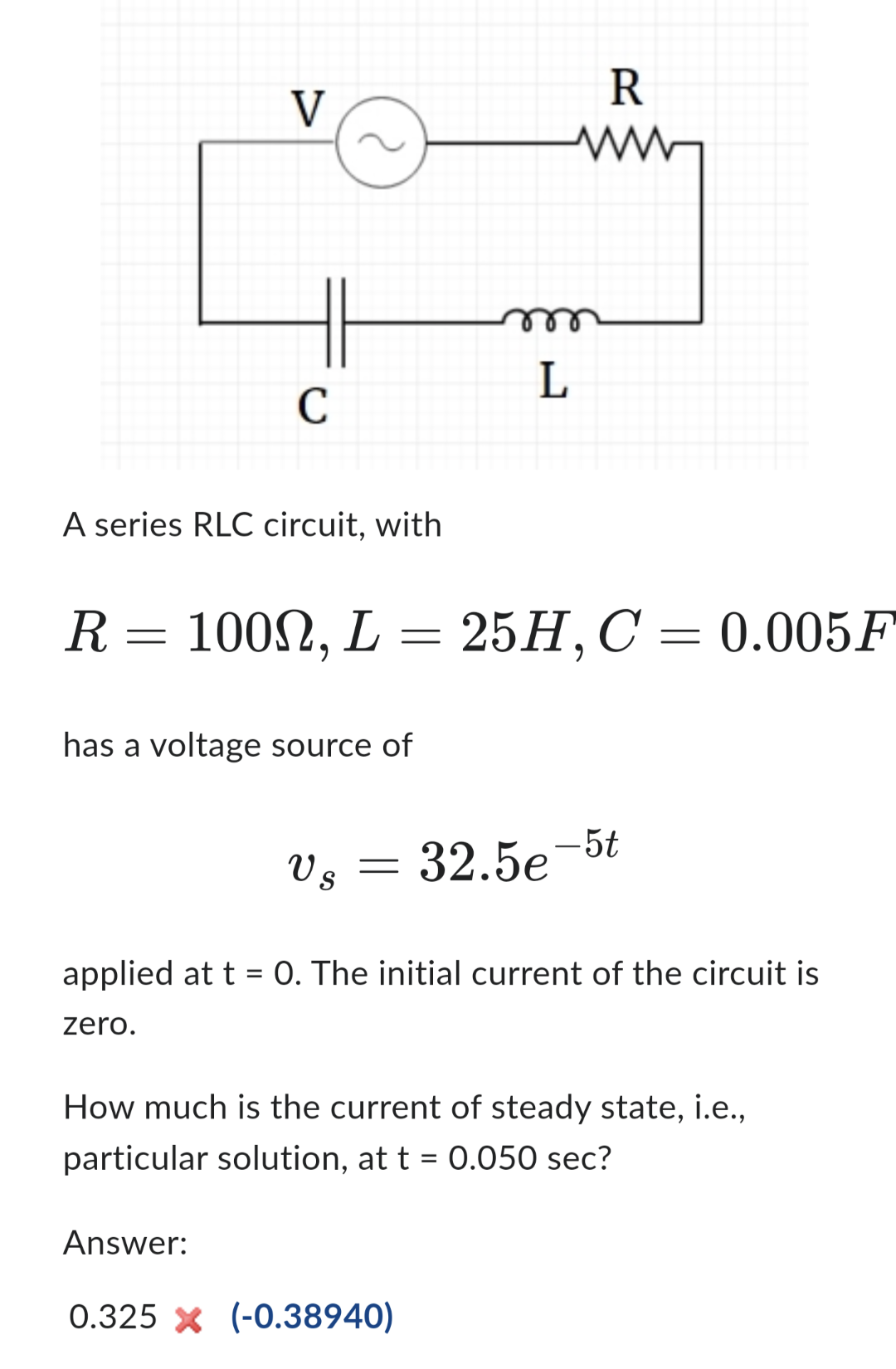 Solved A series RLC circuit, withR=100Ω,L=25H,C=0.005Fhas a | Chegg.com
