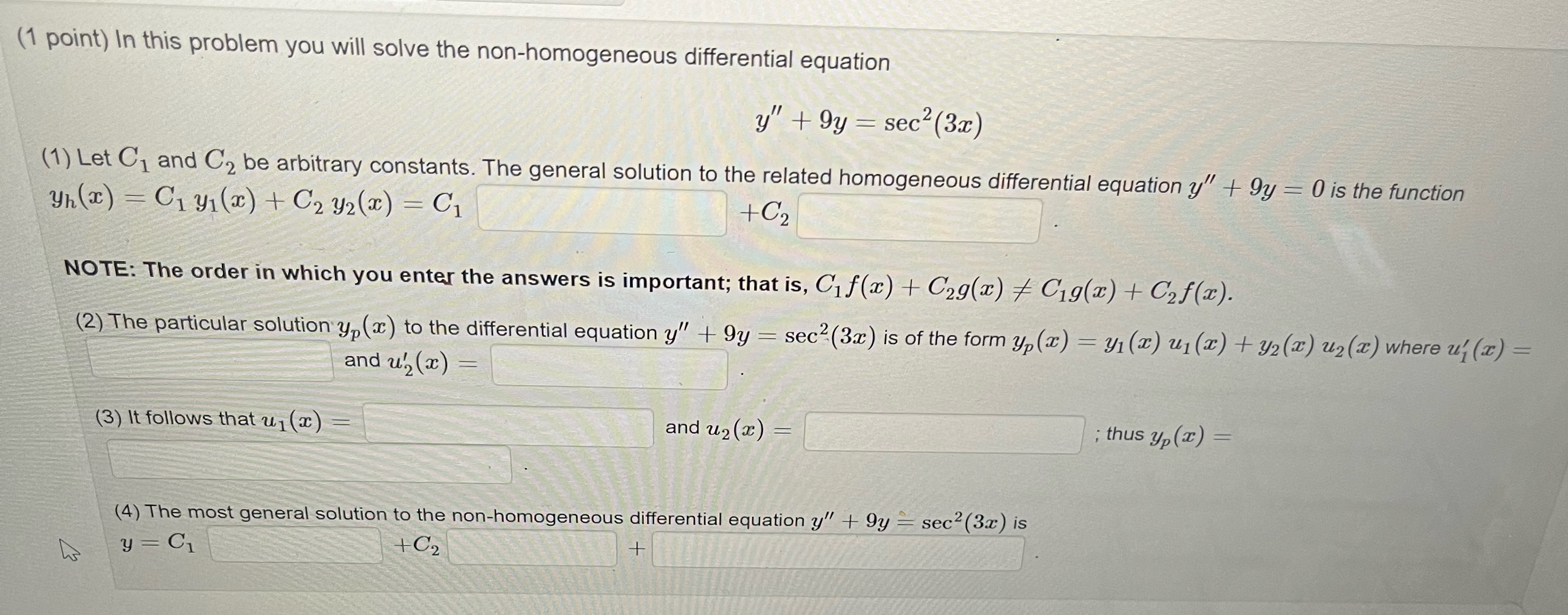 Solved (1 ﻿point) ﻿Find a particular solution | Chegg.com