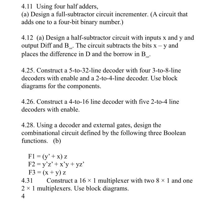 Solved 4.11 Using four half adders, (a) Design a | Chegg.com