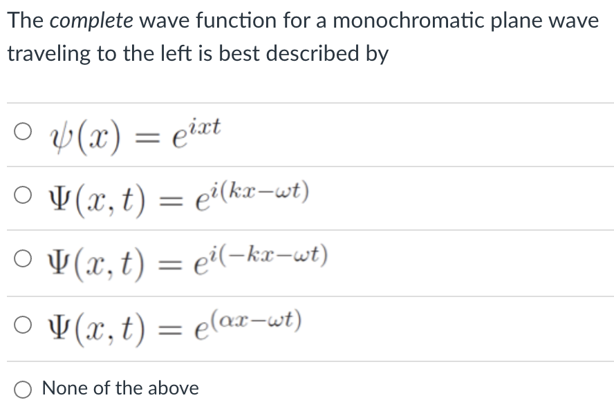 Solved The complete wave function for a monochromatic plane | Chegg.com