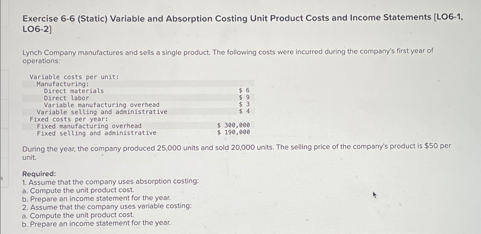 Solved Exercise 6-6 (Static) ﻿Variable and Absorption | Chegg.com