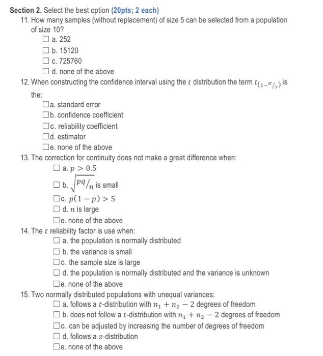 Solved Section 2. Select the best option (20pts; 2 each) 11. | Chegg.com