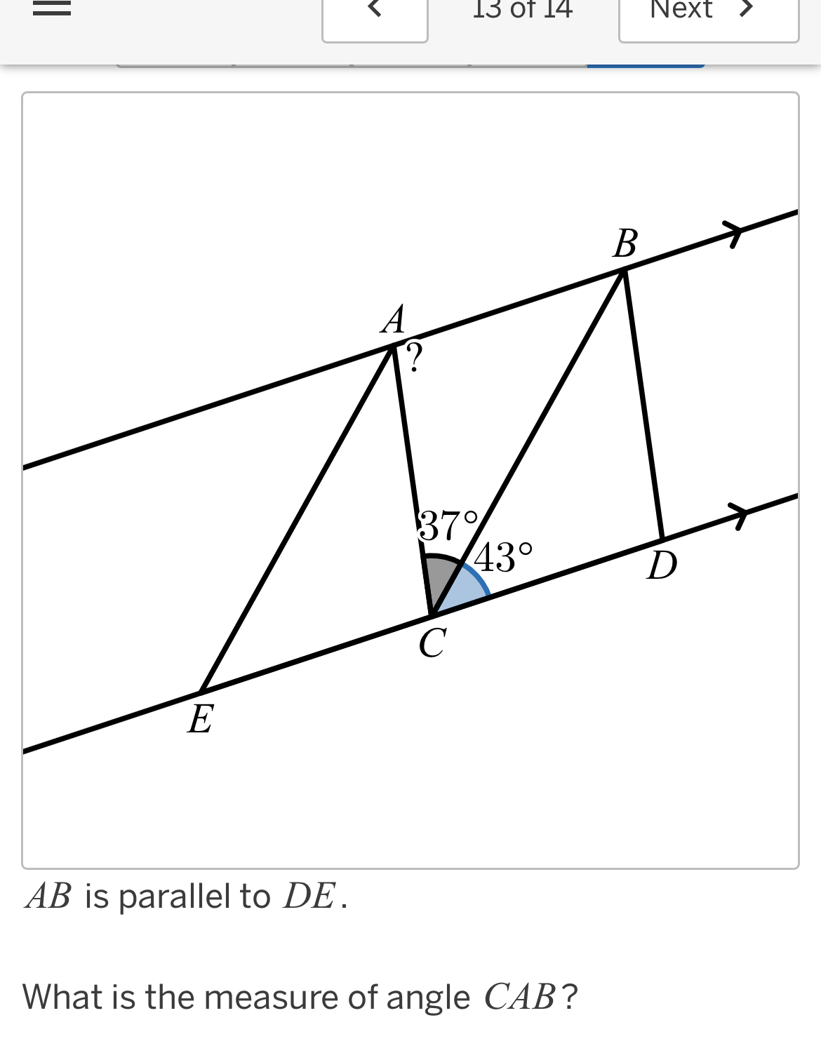 Solved AB ﻿is parallel to DE.What is the measure of angle | Chegg.com