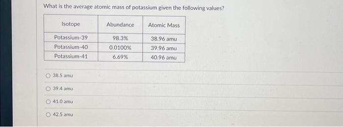 Solved What is the average atomic mass of potassium given | Chegg.com
