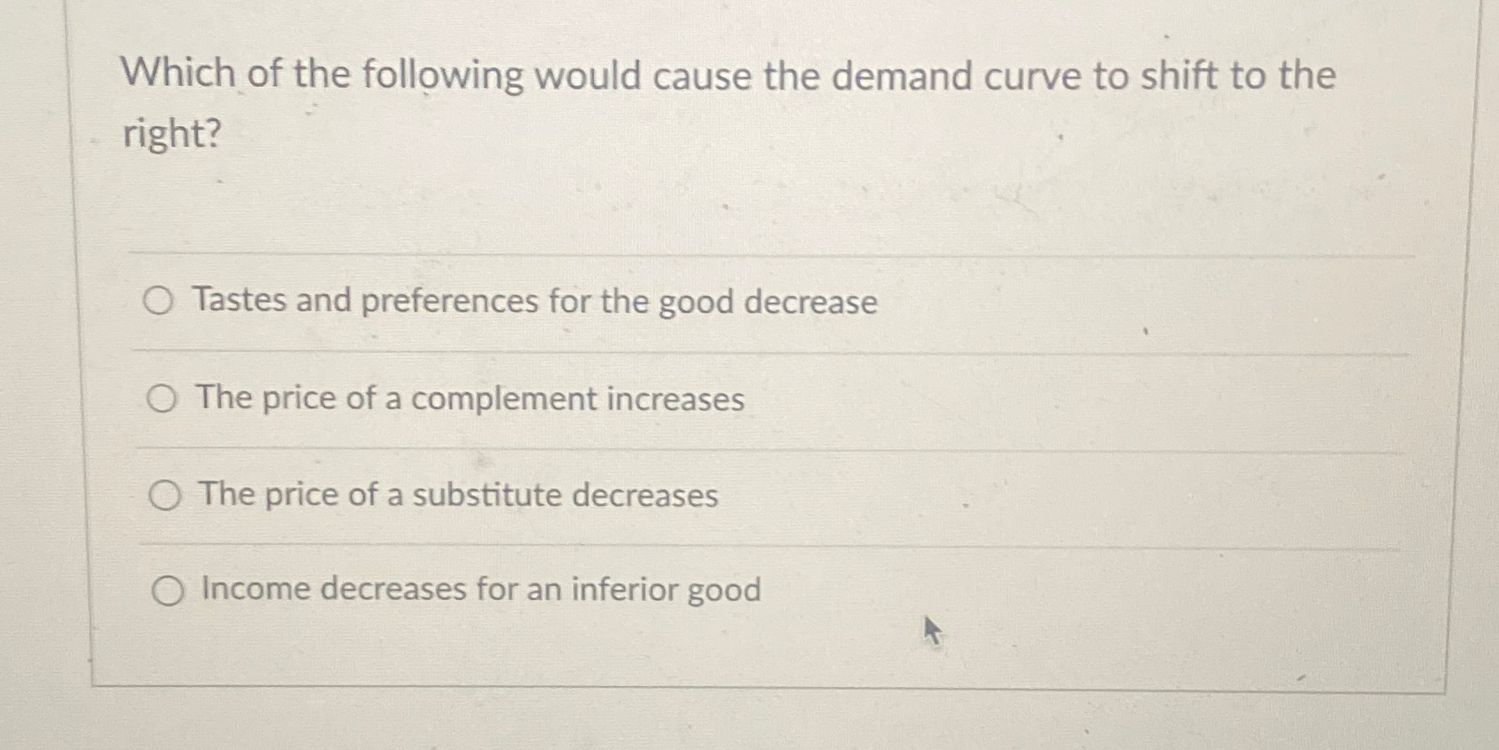 Solved Which of the following would cause the demand curve | Chegg.com