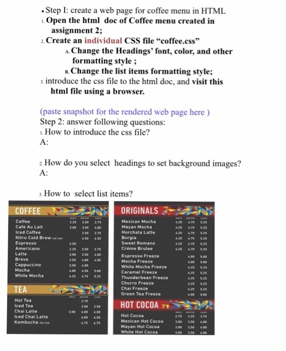 Solved . Step I: create a web page for coffee menu in HTML | Chegg.com