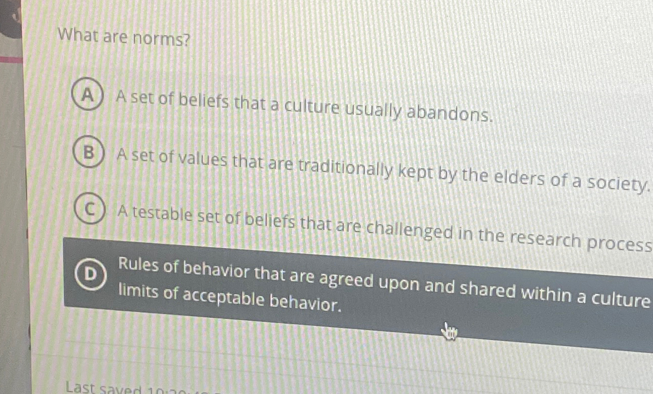 Solved What are norms?A set of beliefs that a culture | Chegg.com