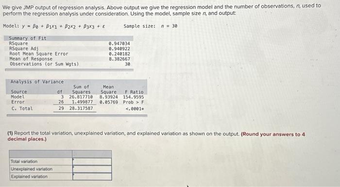 Solved We give JMP output of regression analysis. Above | Chegg.com