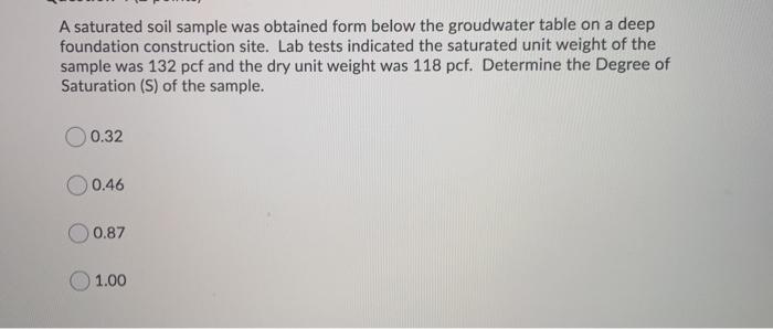 Solved A saturated soil sample was obtained form below the | Chegg.com