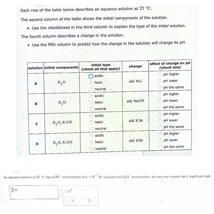 Solved Each row of the table below describes an aqueous | Chegg.com