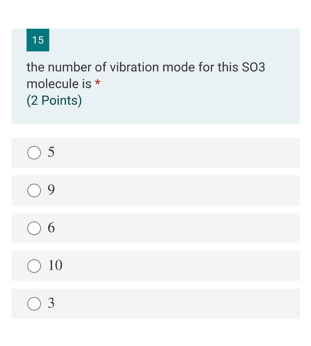 Solved 15 the number of vibration mode for this SO3 molecule | Chegg.com