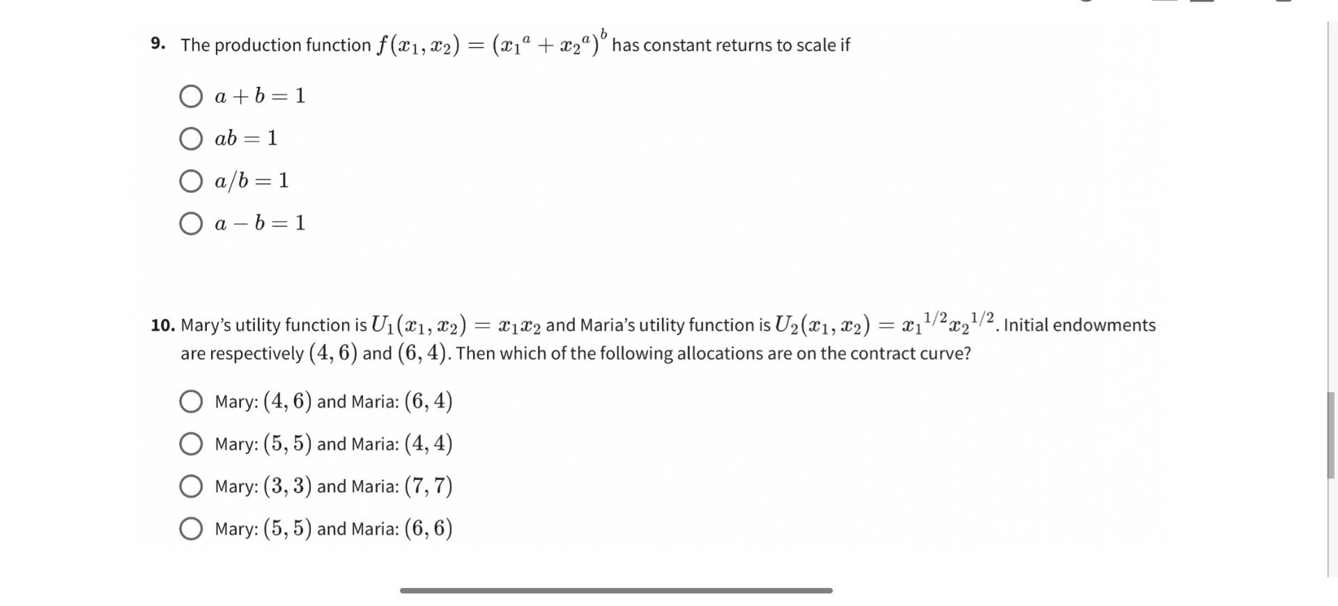 Solved 9. The production function f(x1,x2)=(x1a+x2a)b has | Chegg.com